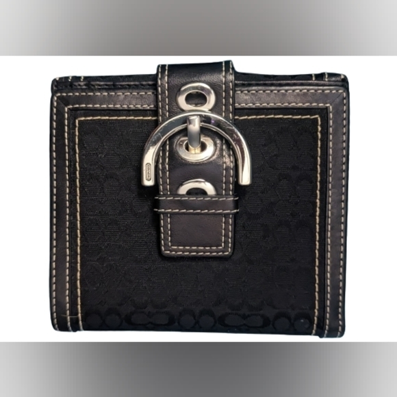 Coach | Bags | Euc Coach Black Canvas And Leather Trimmed Flap Buckle ...